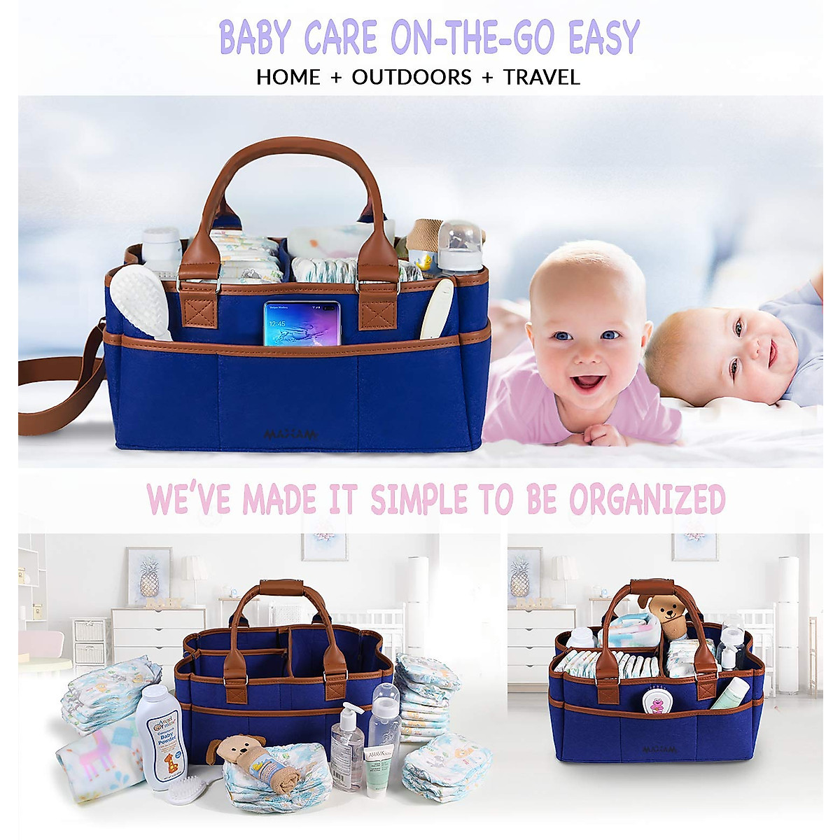 Baby Diaper Caddy Organizer Large with Shoulder Strap | Trendy Navy Blue Portable Nursery Storage Bin - Premium Quality Tote Bag For Newborn Essentials - For Infant Changing Table, Car, Home or Travel