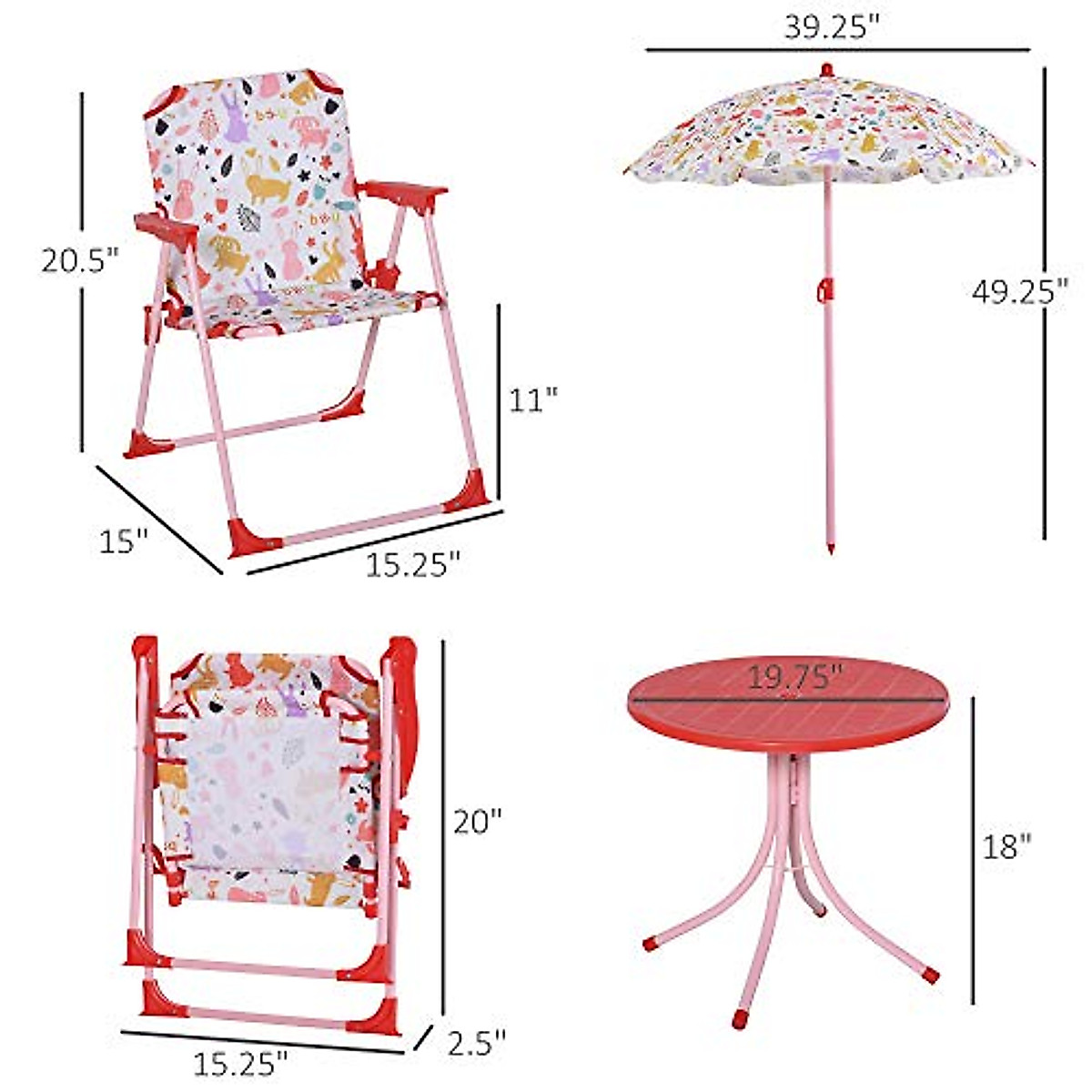 Outsunny Kids Folding Picnic Table and Chairs Set Rabbit Pattern for Outdoor Garden Patio Backyard with Removable & Height Adjustable Sun Umbrella, Red