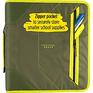 Five Star 2 Inch Zipper Binder Plus File Folders, Olive/Citrus (290360C)