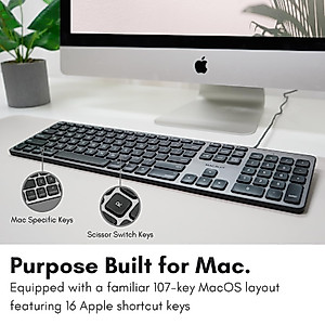 Macally Backlit Mac Keyboard Wired - Quiet, Sleek, and Functional - 3 Brightness Levels, 107 Keys - 5ft USB Wired Apple Keyboard - Backlit Wired Keyboard for Mac, iMac, MacBook Pro/Air - Space Gray
