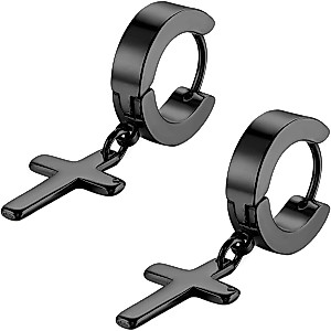 Cupimatch 3-6 Pairs Stainless Steel Cross Dangle Huggie Hinged Hoop Earrings for Men Women (1 Pair Black Cross)