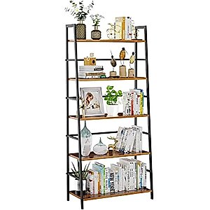 SpringSun 5 Tier Bookshelf Industrial Ladder Shelf Open Display Storage Rack Wood Bookcase with Metal Frame, Freestanding Storage Shelves for Home Office, Living Room, Bedroom, Kitchen