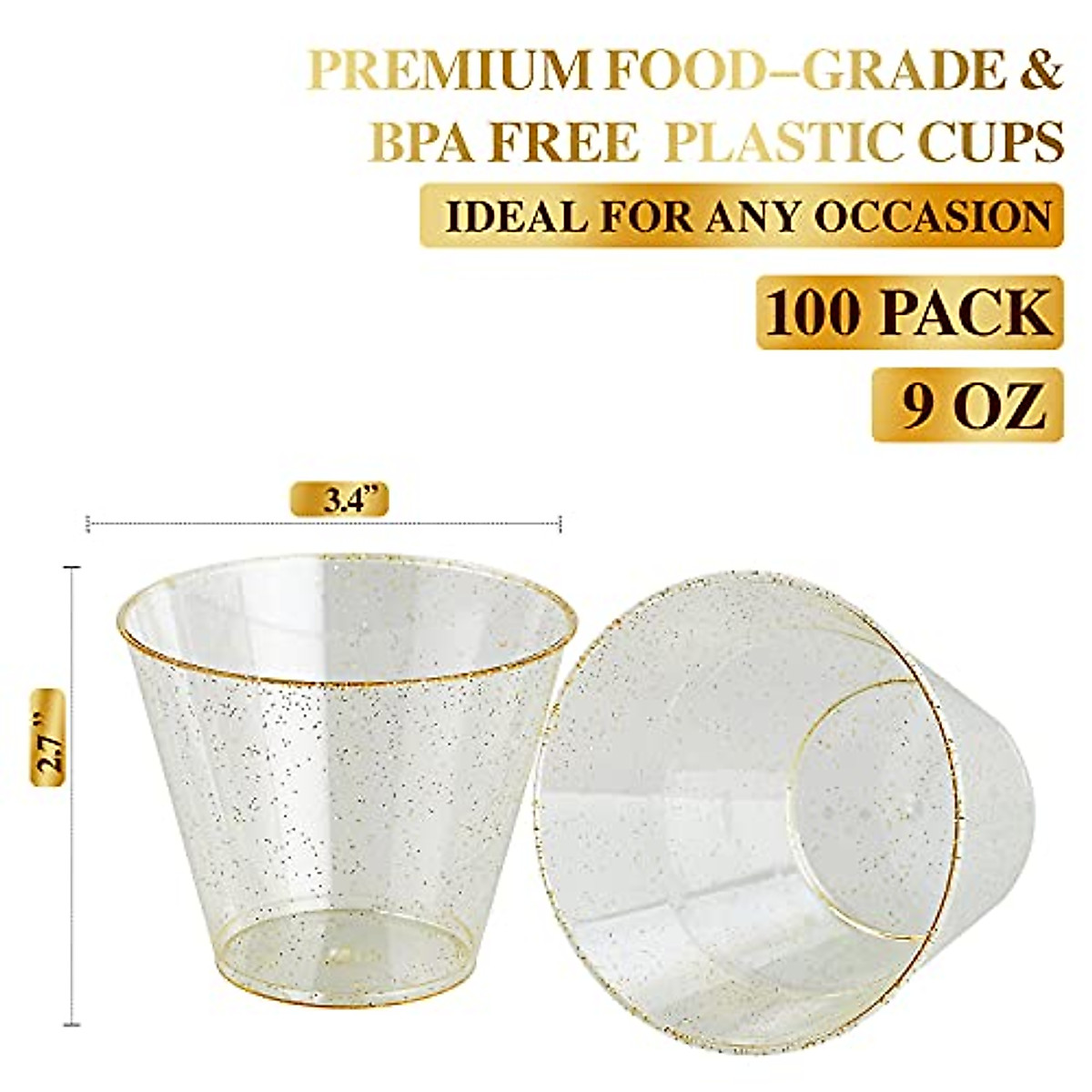 FOCUSLINE 100 Pack Gold Glitter Plastic Cups 9 oz Clear Plastic Cups Tumblers, Fancy Disposable Hard Plastic Cups with Gold Glitter for Wedding Cups Elegant Party Cups