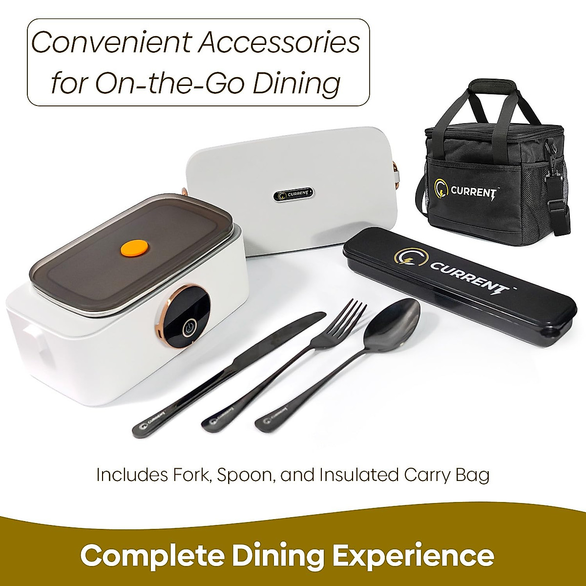 CURRENT Heated Electric Lunch Box, 60w 1L Capacity - Cordless Portable Lunch Box for Office, Car, and Outdoor Use - 158°F Heat, BPA Free Heated Lunch Box - Includes Insulated Bag and Black Cutlery Set