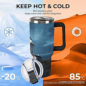 LLUTSNTH 40 Oz Vacuum Tumbler with Black Handle Leakproof Insulated Tumbler Lighthouse at Night Stainless Steel Travel Mug with Lid And Straw Coffee Cup Cute Water Bottles Cup Holder Friendly