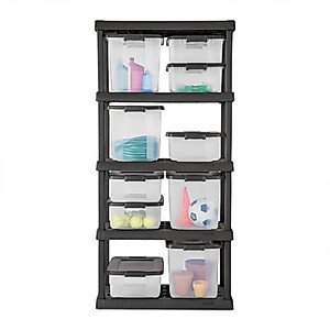 Sterilite 25 Quart Shelf Tote with Flat Gray Lid with Handles and Platinum Latches For Home Organization, Clear Base (12 Pack)