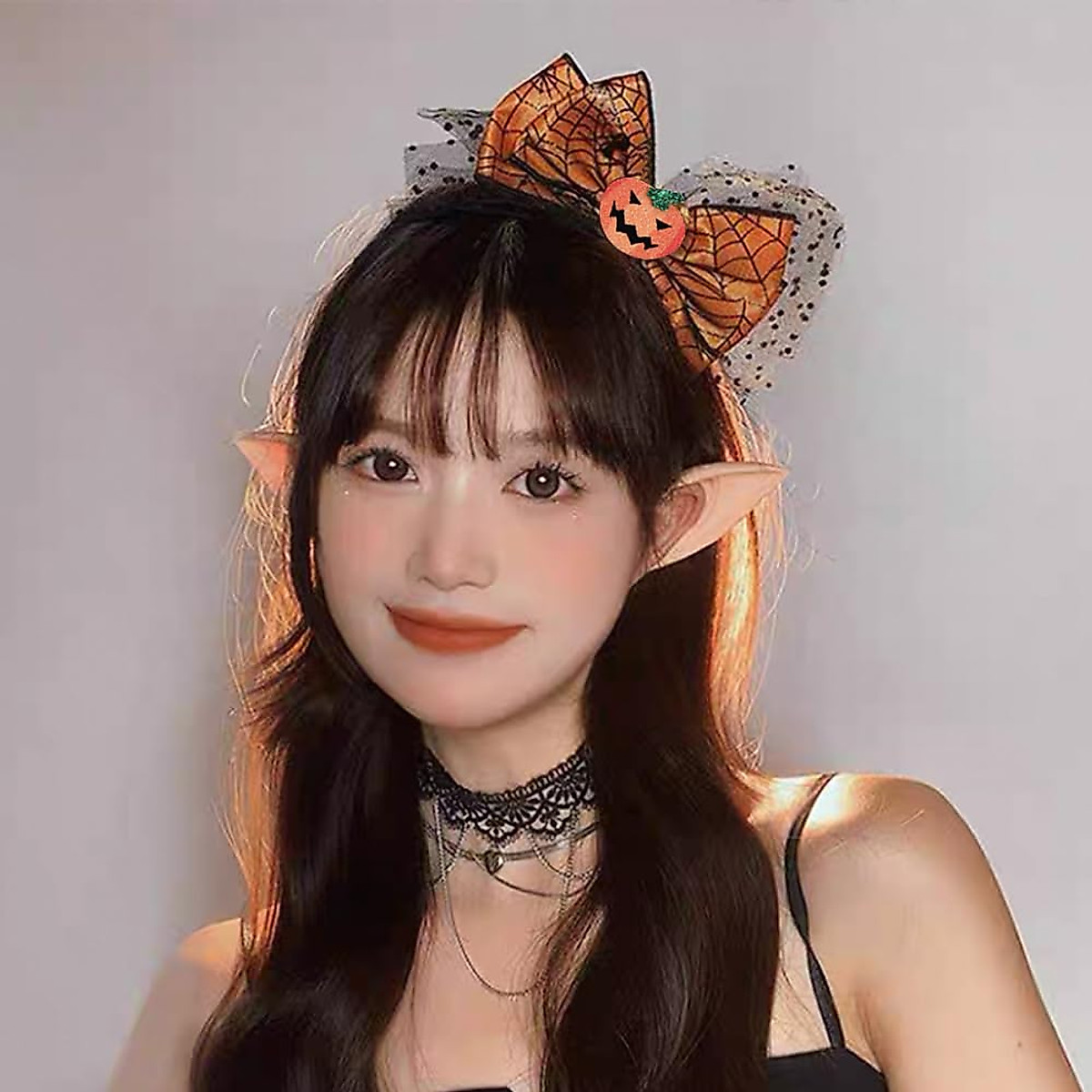 AIUPUOC Halloween Headband Orange Hair Bow Lace Hair Accessories Pumpkin Hair Band Cosplay Hair Decorations Party Hair Supplies 1Pcs