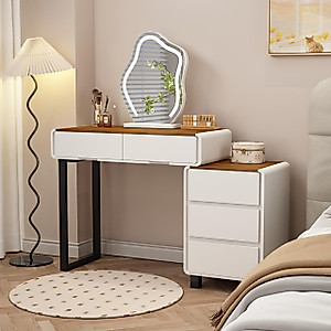 HOMEHIGH Vanity Desk with Mirror and Lights, Dressing Table with 5 Drawers and Adjustable Cabinet, Makeup Vanity Desk with 3 Lighting Modes for Bedroom, Makeup Room