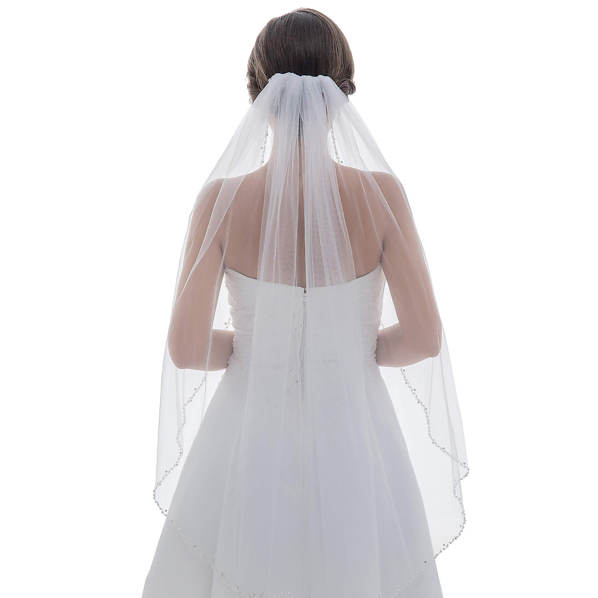 SAMKY 1T 1 Tier Crystal Pearl Wave Beaded Veil - Light Ivory Fingertip Length 36" V507