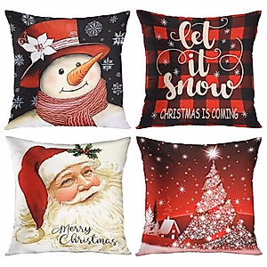 Emvency Set of 4 Throw Pillow Covers Christmas Snowman Let It Snow Red Black Buffalo Plaids Chair Decorative Pillow Cases Home Decor Square 16x16 Inches Pillowcases