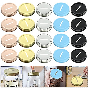 FOMIYES 25Pcs 6 Colored Piggy Bank Lids Jar Coin Bank Lid Metal Coin Slot Piggy Bank Lid Insert for Mason, Ball, Canning Jars (Gold, Silver, Black, Rose Gold, Blue)