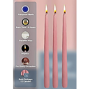 12 Pack Tall Taper Candles - 10 Inch Rose Pink Dripless, Unscented Dinner Candle - Paraffin Wax with Cotton Wicks - 8 Hour Burn Time