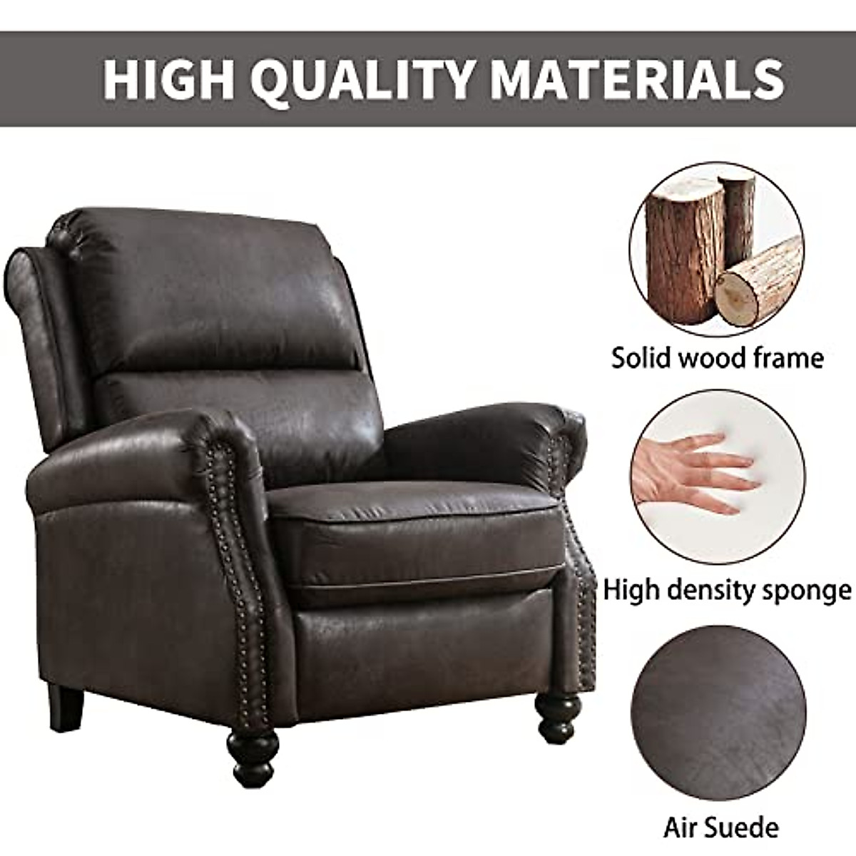 CANMOV Pushback Recliner Chair Leather Armchair Push Back Recliner with Rivet Decoration Single Sofa Accent Chair for Living Room, Dark Grey