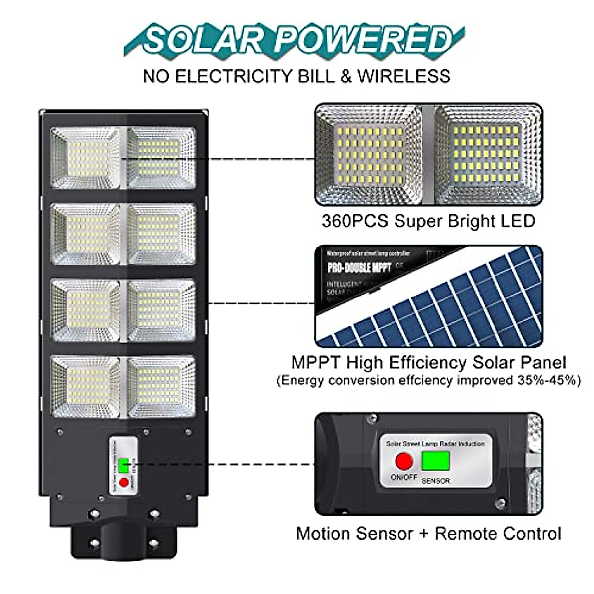 CONHOO 500W Solar Street Light Outdoor,360 LED Dusk to Dawn Outdoor Lighting,IP65 Waterproof LED Street Light Solar Powered, Patented MPPT Fast Charging, Keep Lighting Even 3-5 Rainy Days