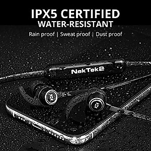 NVX NekTek2 Behind-The-Neck Bluetooth Wireless Headphones - 10 Hour Playback Time - ComfortMax Memory Foam Tips - Fast 40 Minute Charge Time - Built-in Microphone