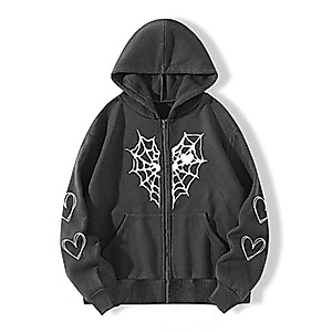 Y2K Gothic Spider Web Heart-shaped Print Hoodied Pullover Punk Zip Up Jacket Coat Harajuku Loose Oversized Streetwear (Black Pink,S)