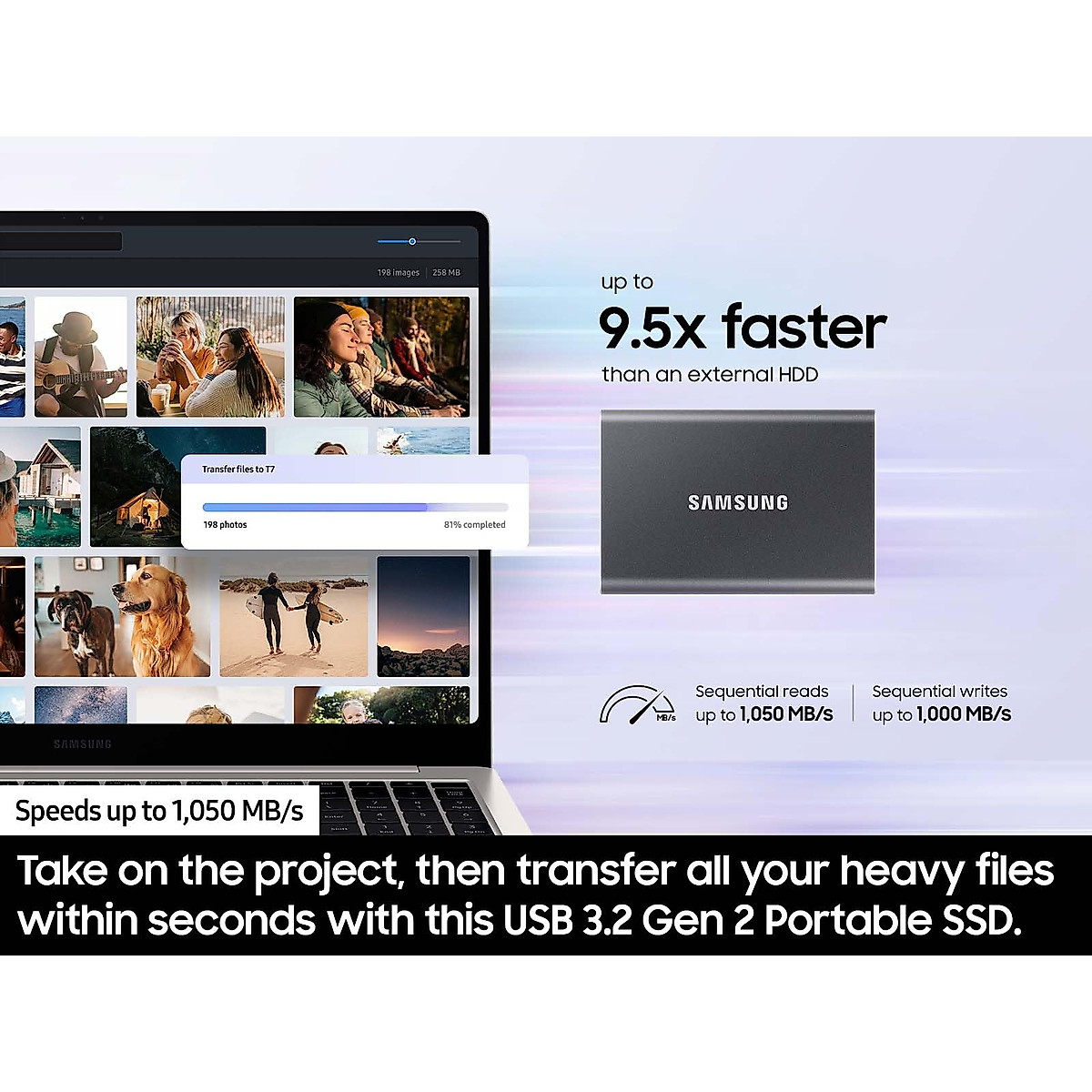 SAMSUNG T7 Portable SSD, 2TB External Solid State Drive, Speeds Up to 1,050MB/s, USB 3.2 Gen 2, Reliable Storage for Gaming, Students, Professionals, MU-PC2T0T/AM, Gray