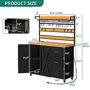 YITAHOME Kitchen Island with Power Outlet & LED Light, 53 Inch Large Standing Baker Rack, Tall Shelf Storage Cabinet on Wheels, Thick Countertop, Glass Holder, Spice Rack, Black Oak
