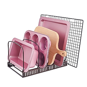 Toplife Adjustable 10+ Pans Organizer Rack + 7+ Lids Organizer Rack for Kitchen Cabinet and Counter, Brown