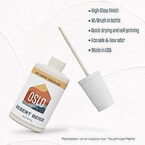 Oslo Home Porcelain + Appliance Touch Up Paint, Desert Beige, 20ml, High Gloss, w/Brush in Bottle, for Bathroom Fixtures, Metal