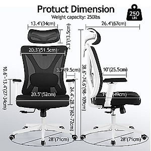 KERDOM Ergonomic Office Chair, Rolling Swivel Executive Desk Chair, Breathable Mesh Gaming Chair with Adjustable Headrest, 3D Armrest and Lumbar Support for Home Office White