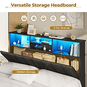 VIAGDO Queen Bed Frame with Bookcase Headboard, Wood Bed Frame Queen Size with Charging Station, 4 Storage Drawers and LED Lights, Upholstered Bed with Type-C and USB, No Box Spring Needed, Black