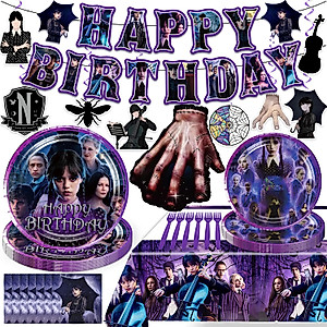 111pcs Happy Birthday Decorations Tableware Pack, includes Birthday Banner, Hanging Swirls, Foil Balloon, Plates, Napkins, Fork, Tablecloth, Happy Birthday Party Supplies