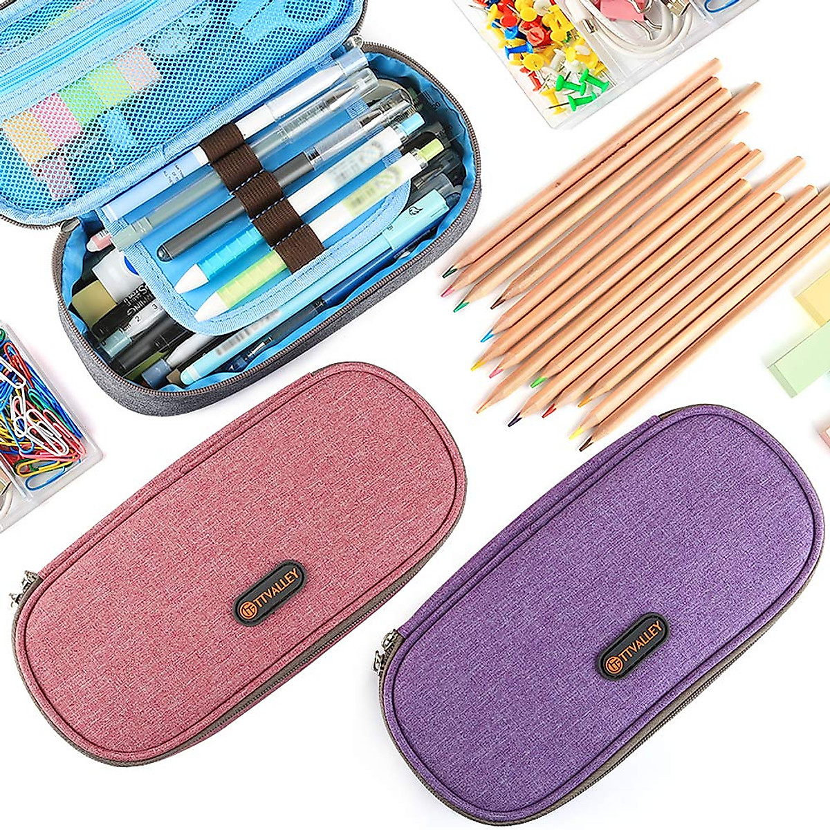 TTVALLEY Pencil Case Pen Case Oxford Stationery Box for Desk Supplies Organization Grey