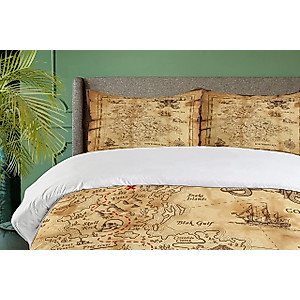 Ambesonne Island Map Duvet Cover Set, Super Detailed Treasure Map Grungy Rustic Pirates Gold Secret Sea History Theme, Decorative 3 Piece Bedding Set with 2 Pillow Shams, Queen Size, Beige Brown