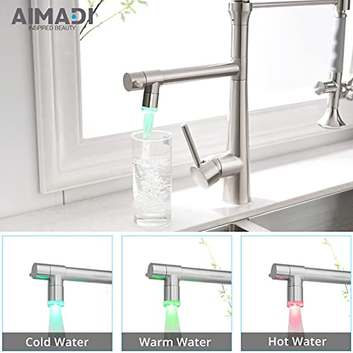 AIMADI Pull Down Kitchen Faucet with Sprayer,Commercial Single Handle Stainless Steel Brushed Nickel Kitchen Sink Faucet with LED Light