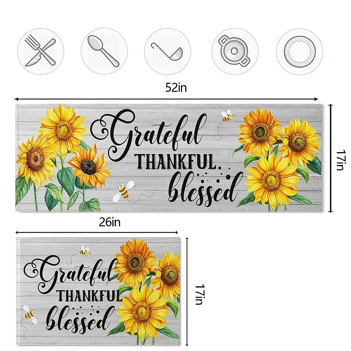 PRUKIVRA Kitchen Rugs and Mats,Non Skid Washable,Sunflower on Light Wood,Set of 2,Anti-Fatigue Comfort Standing Mat for Floor, Office, Sink, Laundry(17"x52"+17"x26")