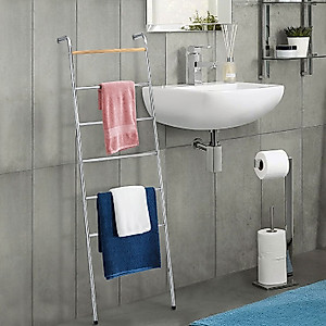 MyGift 6 Rung Silver Chrome Plated Metal Wall Leaning Bath Towel Storage Ladder, Freestanding Bathroom Drying Rack for Towels with Top and Bottom Non Slip Rubber Feet
