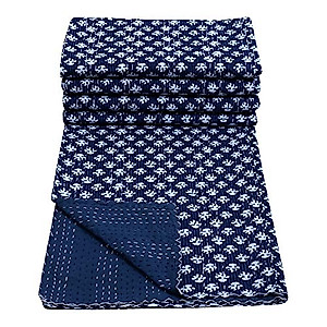 Maviss Homes Indian Traditional Handmade Patchwork Cotton Super Soft Kantha Quilt Blanket | Throw Bedspread Blanket | Bedroom Décor Throw Quilt |Home Décor; Blue