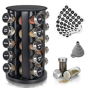 Black Countertop Revolving Spice Rack, Empty 20-Jars Rotating Spice Rack Organizer, Round Carousel Spice Rack Tower, 135 Spice Labels with Funnel Complete Set, for Kitchen Countertop, Cabinet