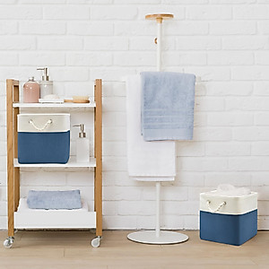 Patvingot 13x13x13 Storage Cube Bins,Set of 4, Large Foldable Fabric Storage Cubes with Handles for Organizing Home, Closet, Clothes, Toy, Book, Office(White&Blue)