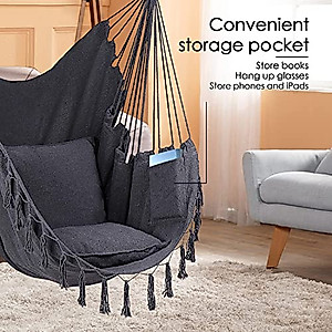 HFKJ Hammock Chair Hanging Rope Swing Chair with 2 Seat Cushions & Installation Kit, Max 330 Lbs, Handmade Macrame Hanging Chair for Bedroom Patio Yard Garden, Dark Grey