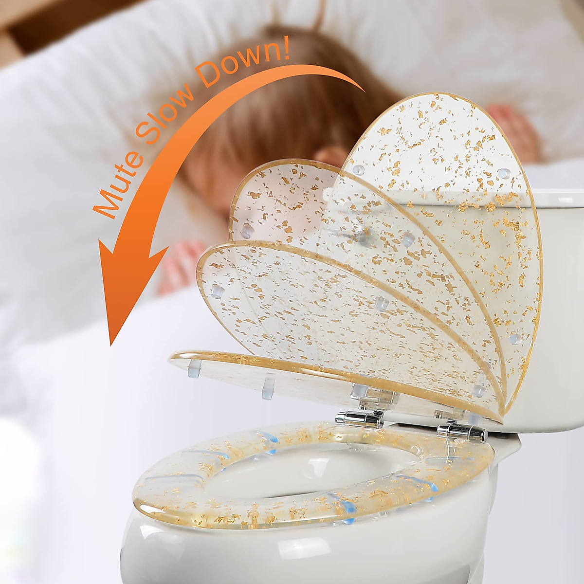 Resin Toilet Seat Elongated Soft Close Quick Release Heavy Duty Toilet Seats with Glitter Cover Acrylic Seats Gold Foil 19 Inch