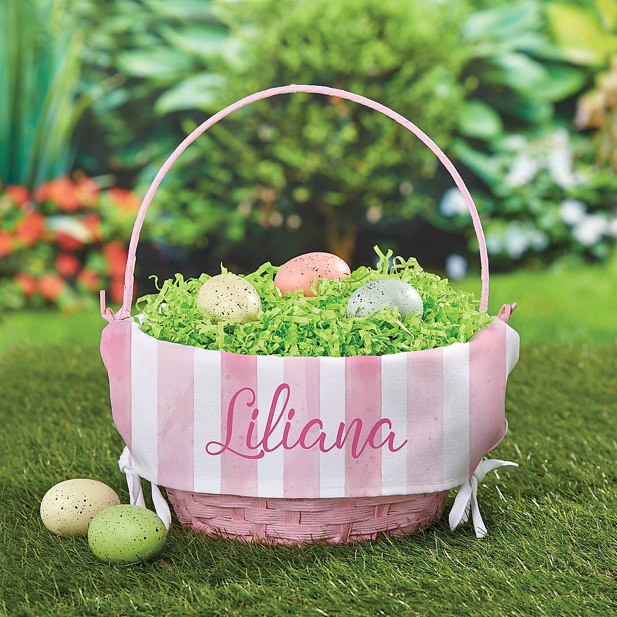 Personalized Easter Egg Basket with Handle and Custom Name | Pink Striped Easter Basket Liners | Pink Basket | Woven Easter Baskets for Kids | Customized Easter Basket | Personalized Gifts for Easter