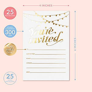 S&O Party Invitations! 25 Gold Foil Traditional Invitations with Envelopes, Wedding, Baby and Bridal Shower Invite, Housewarming Birthday and Girls Quinceanera Invitation Cards - 4x6"
