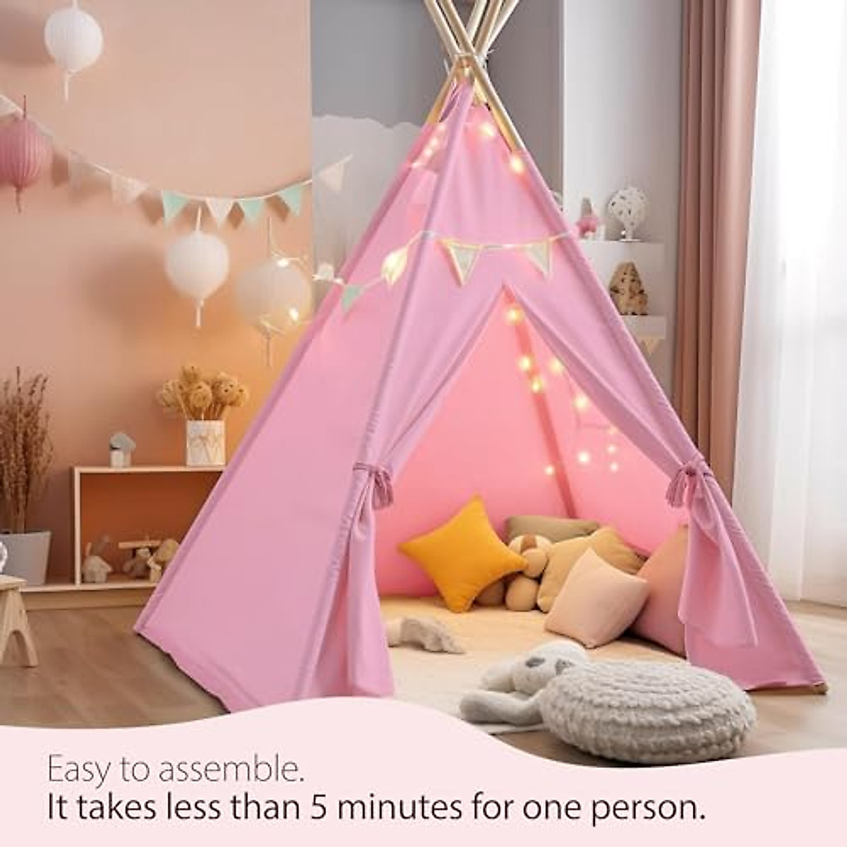 Adorable Pink Kids Teepee Tent with Star Lights, Easy to Assemble 100% Cotton Tipi Play tp Tent for Girls, Spacious Indoor Playhouse for Toddlers, Perfect for Bedroom or Playroom, Durable, Soft Fabric