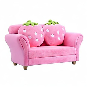 GLACER Kids Sofa with 2 Pillows, Pink Toddler Couch with Wooden Frame and Coral Fleece Surface, Toddler Lounge Bed 2 in 1, Baby Sofa Chair Children Armchair for Girls