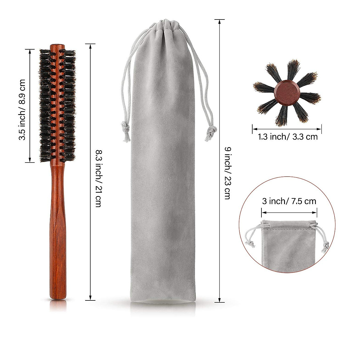 2 Pieces Small Round Hair Brush Mini Bristle Beard Brush for Men Women with 2 Piece Drawstring Bags for Thin or Short Hair