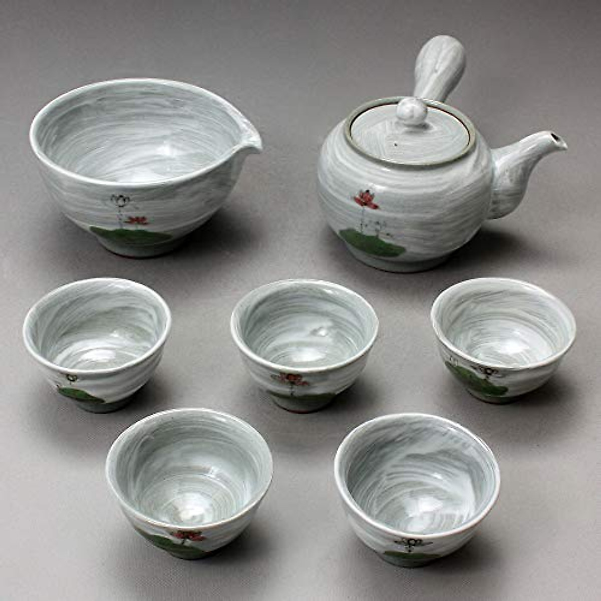 Korean Style Buncheong Porcelain Lotus Flower Tea Ceremony Complete Service Gift Set Ceramic Pottery 11.8 oz (350ml) Side Handle Tea Pot Cups Saucers Teapot Pitcher Bowl for Cooling Hot Water