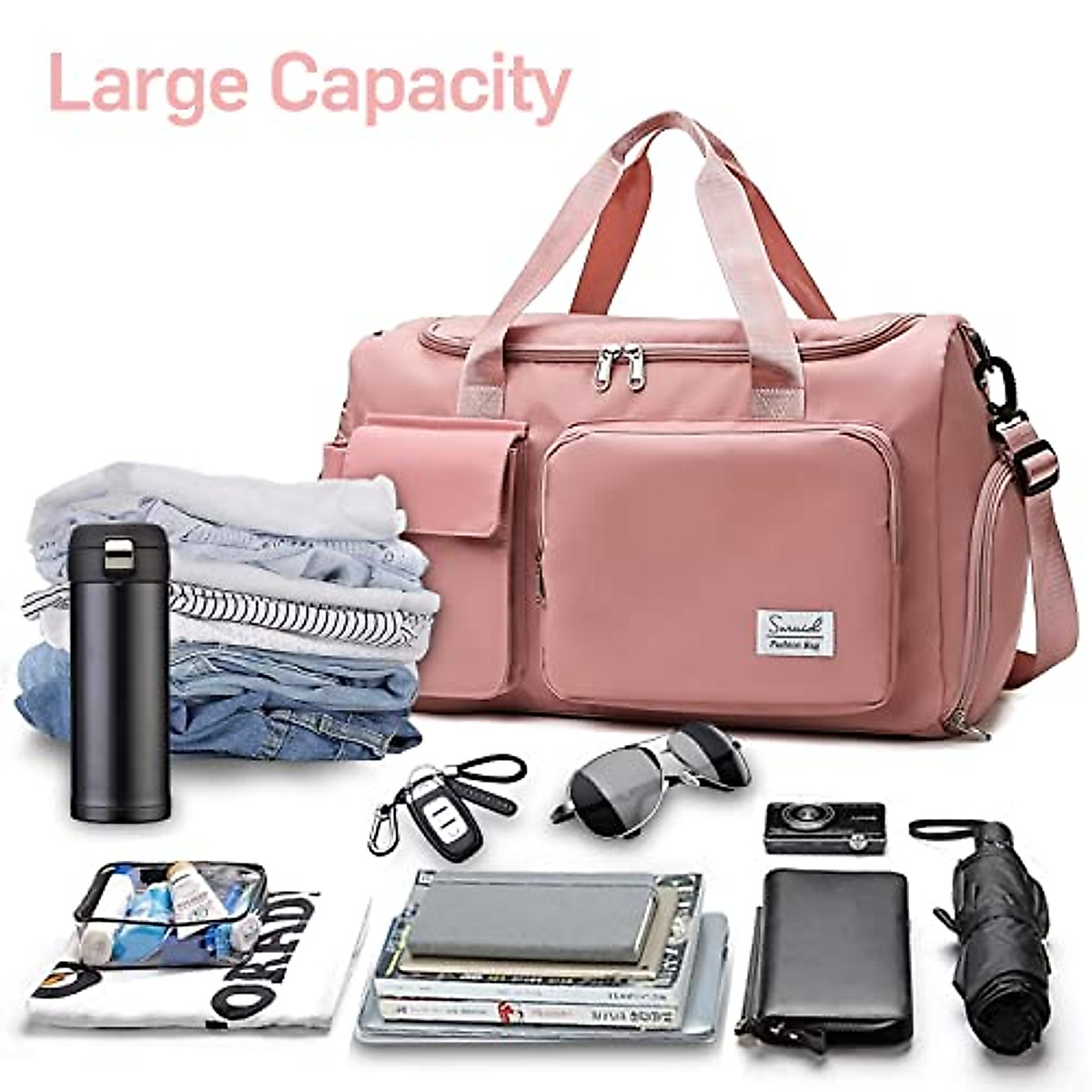 Suruid Travel Yoga Duffel Bag with Shoes Compartment Sports Gym Handbag with Dry Wet Separated Pocket for Training Men and Women, Overnight /Weekender Bag - Pink