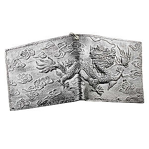 Mens Dragon Vintage Silver Grey Leather Wallet Card Holder Purse With Chain