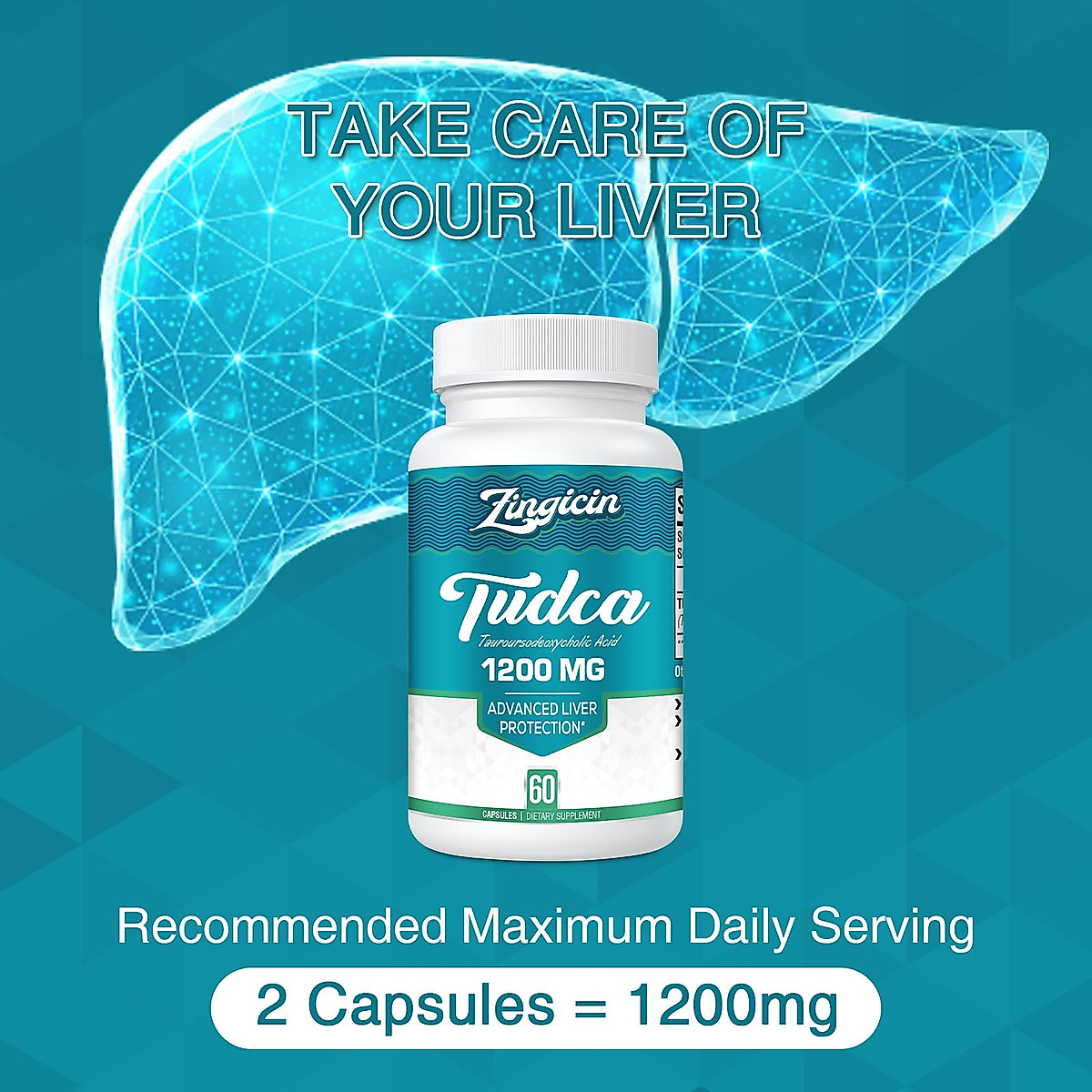 Zingicin TUDCA Supplement 1200mg - 60 Veggie Capsules,Powerful TUDCA Bile Salts Supplements for Liver,Digestion