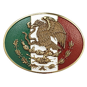 ARIAT Antique Gold Oval Buckle with Mexican Flag Colors and Gold Eagle Motif, Smooth Edge, 3-3/4" x 2-7/8"