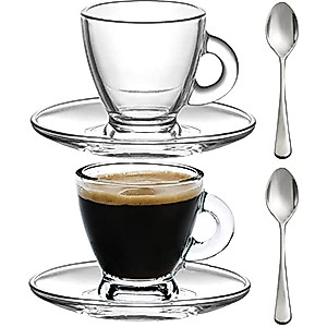 Espresso Cups, 3.2-Ounce. Small Demitasse Clear Glass Espresso Drinkware, Set Of 2 Cups, Saucers and Stainless Steel mini Spoons, Hostess, Coffee Lover/Enthusiast,