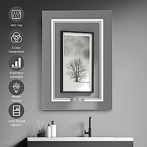 HAINEW Bathroom Medicine Cabinet with LED Lighted Mirror, Wall Mounted Mirror Cabinet, 1 Door, 2 Layers, Anti-Fog, Brightness Adjustment, Power-Off Memory, 2 Plugs, 2 USB Ports, Wall Cabinet, Black