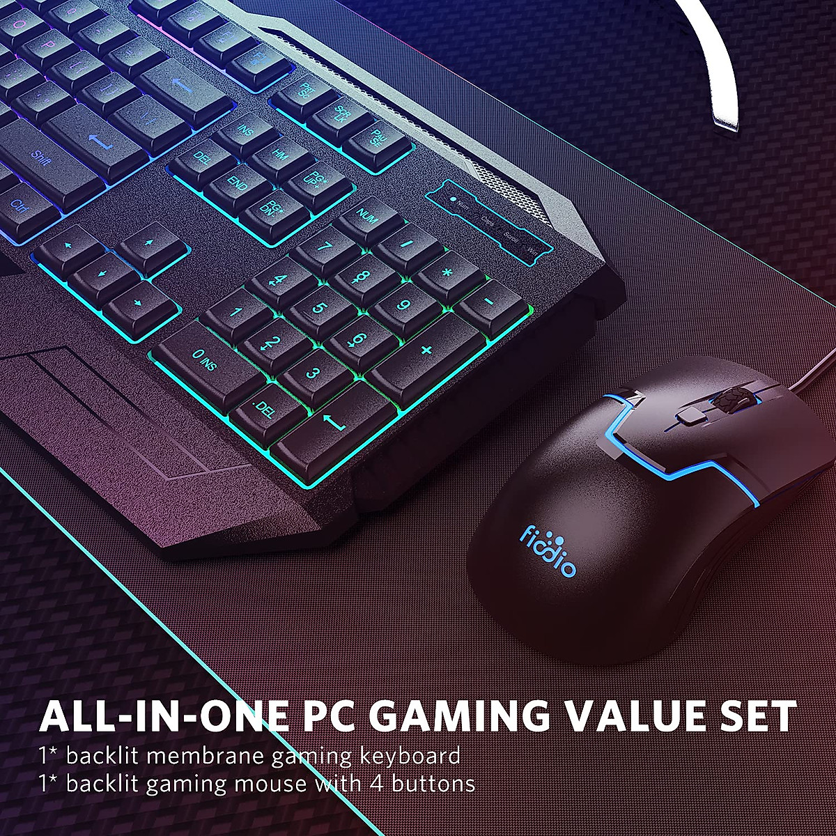 Fiodio Rainbow Wired Gaming Computer Keyboard and Mouse Combo, Ergonomic Keyboards with Wrist Rest, 104 Multimedia Keys, 1600 DPI Gamer Mouse for Windows PC and Desktop